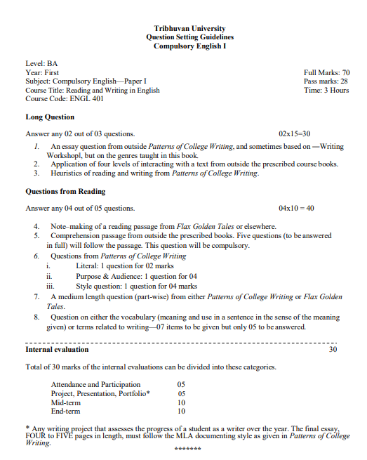 TU BA First Year English Model Question 2081 | ENGL 401